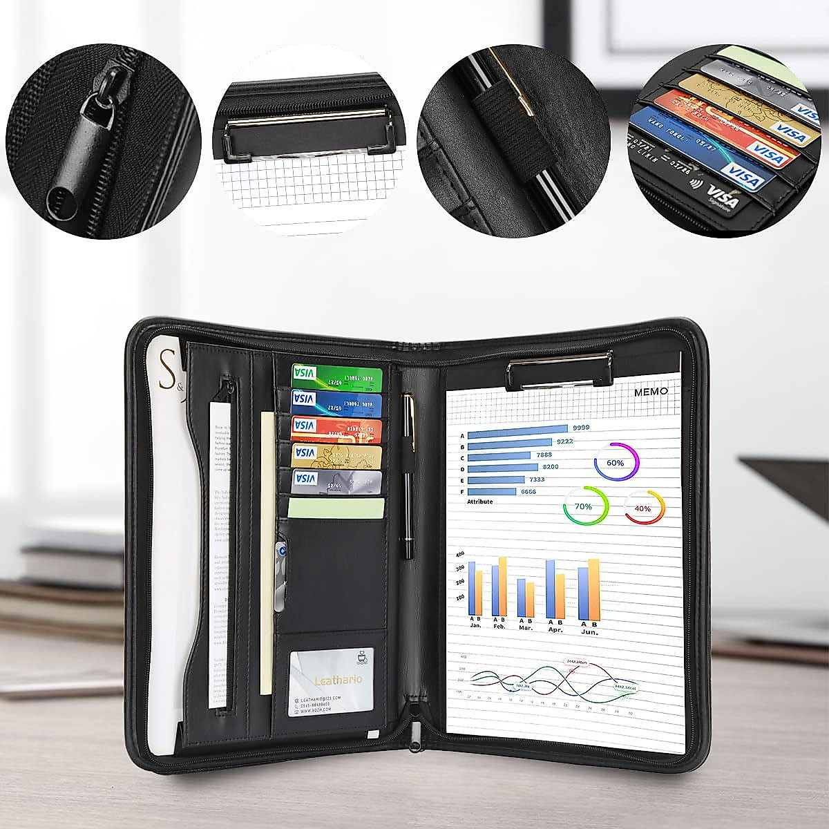 Leathario Portfolio Binder, A4 Padfolio Office Organizer, Business Folder Accessories with Zipper, Superior Vegan Leather, 9.7 Inch Tablet Sleeve, Writing Pad Document for Men Women, Card Storage