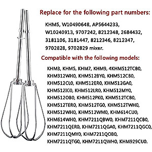 KHMPW & W10490648 Beaters for Hand Mixer by Wadoy Stainless Steel Pro Whisk Turbo Beaters, Cream, Making Mousse or Meringue, Shakes, Egg, Replace AP5644233, PS4082859, KHM2B, KHM512BM