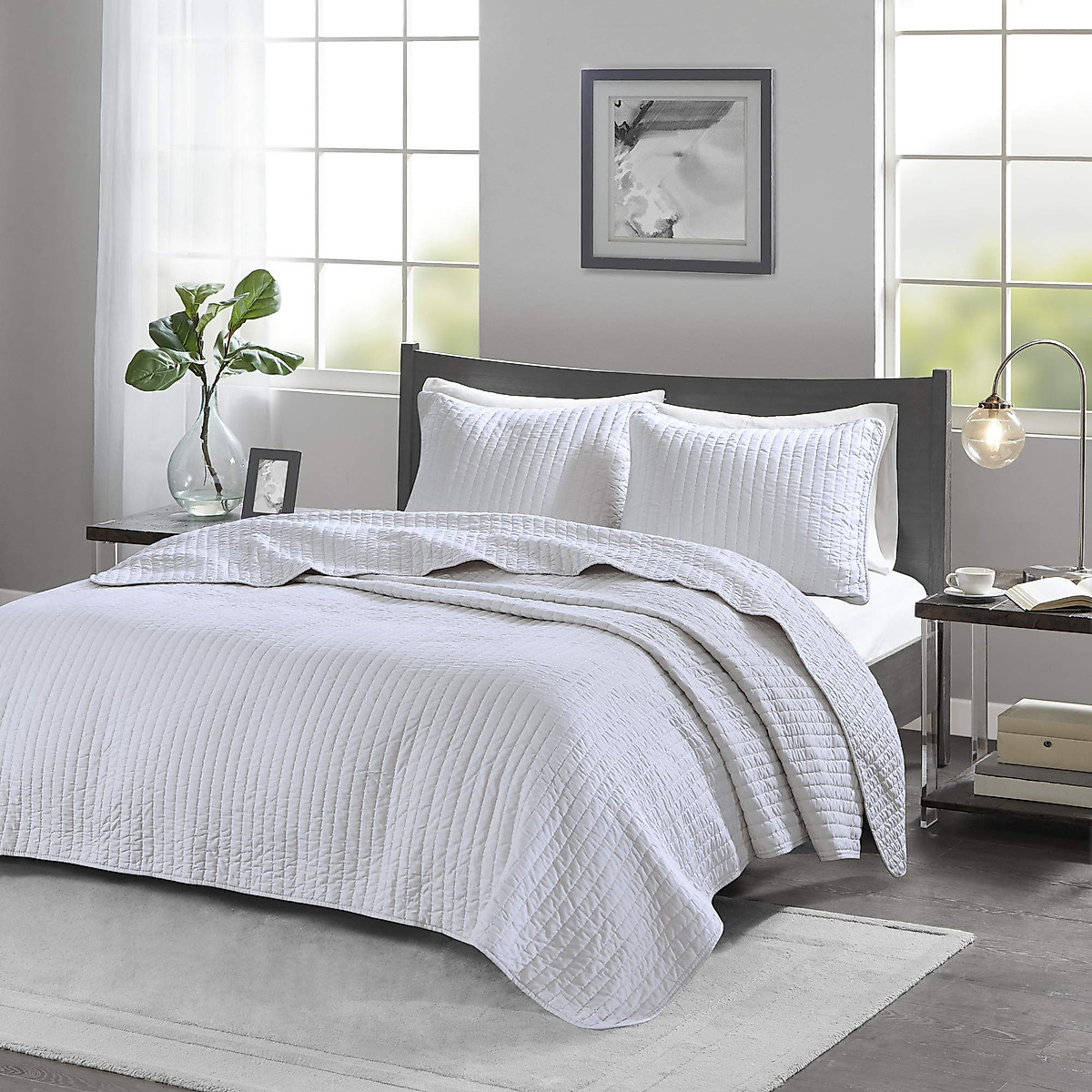 Madison Park Keaton Quilt Set-Casual Channel Stitching Design All Season, Lightweight Coverlet Bedspread Bedding, Shams, Twin/Twin XL(68"x90"), Stripe White, 2 Piece