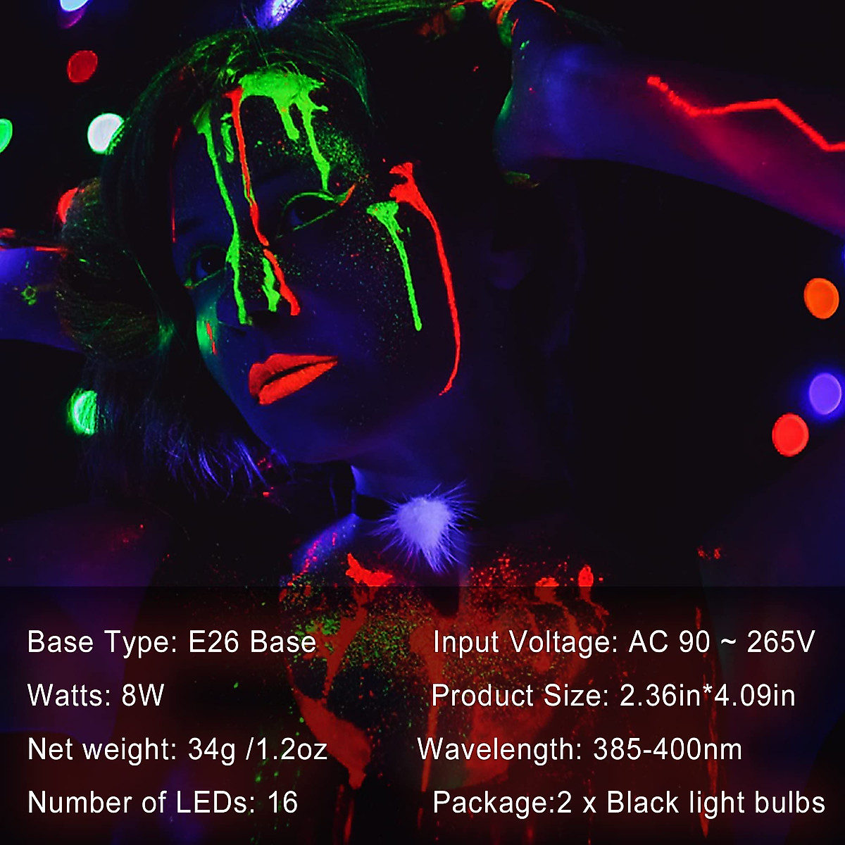 LED Black Light Bulbs - 8W(60Watt Equivalent), Black Light Bulbs with E26 Base, UVA Level 395-400nm, Glow in The Dark for Blacklights Party, Body Paint, Halloween, Neon Glow, 2 Pack