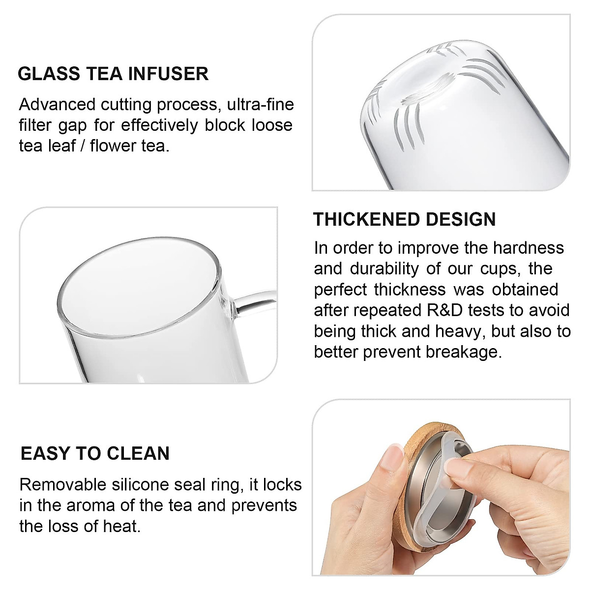 Lezero Glass Tea Infuser Cups with Removable Strainer and Bamboo Lid, Borosilicate Glass Tea Mugs for Blooming Tea & Loose Leaf Tea, Microwave & Dishwasher Safe, LEAD-FREE, 15oz/450ml