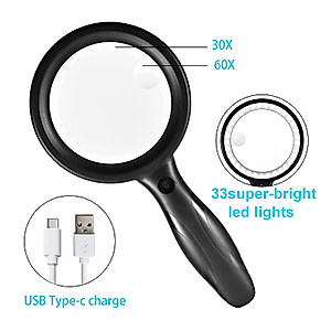 Magnifying Glass with Light, 30x 60x Magnifying Glass for Reading Lighted - 33 LEDs Magnifying Glass Magnifier Magnifier with Light