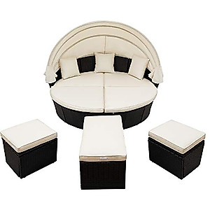 Merax Outdoor Patio Round Daybed Furniture with Retractable Canopy and Coffee Table, Wicker Rattan Sofa Set Waterproof Cushions Backyard Lawn Garden Pool Porch (Beige+Black, 6 Piece)