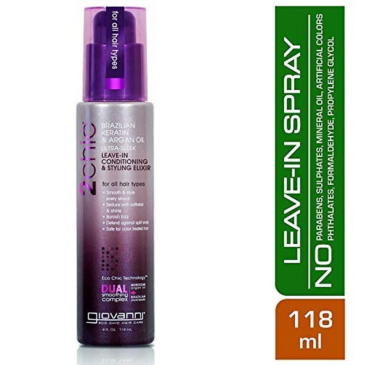 GIOVANNI 2chic Ultra-Sleek Leave-In Conditioning & Styling Elixir - Phyto-Keratin & Argan Oil, Anti-Frizz Formula, Coconut, Shea Butter, Pro-Vitamin B5, Color Safe, Paraben Free - 4 oz