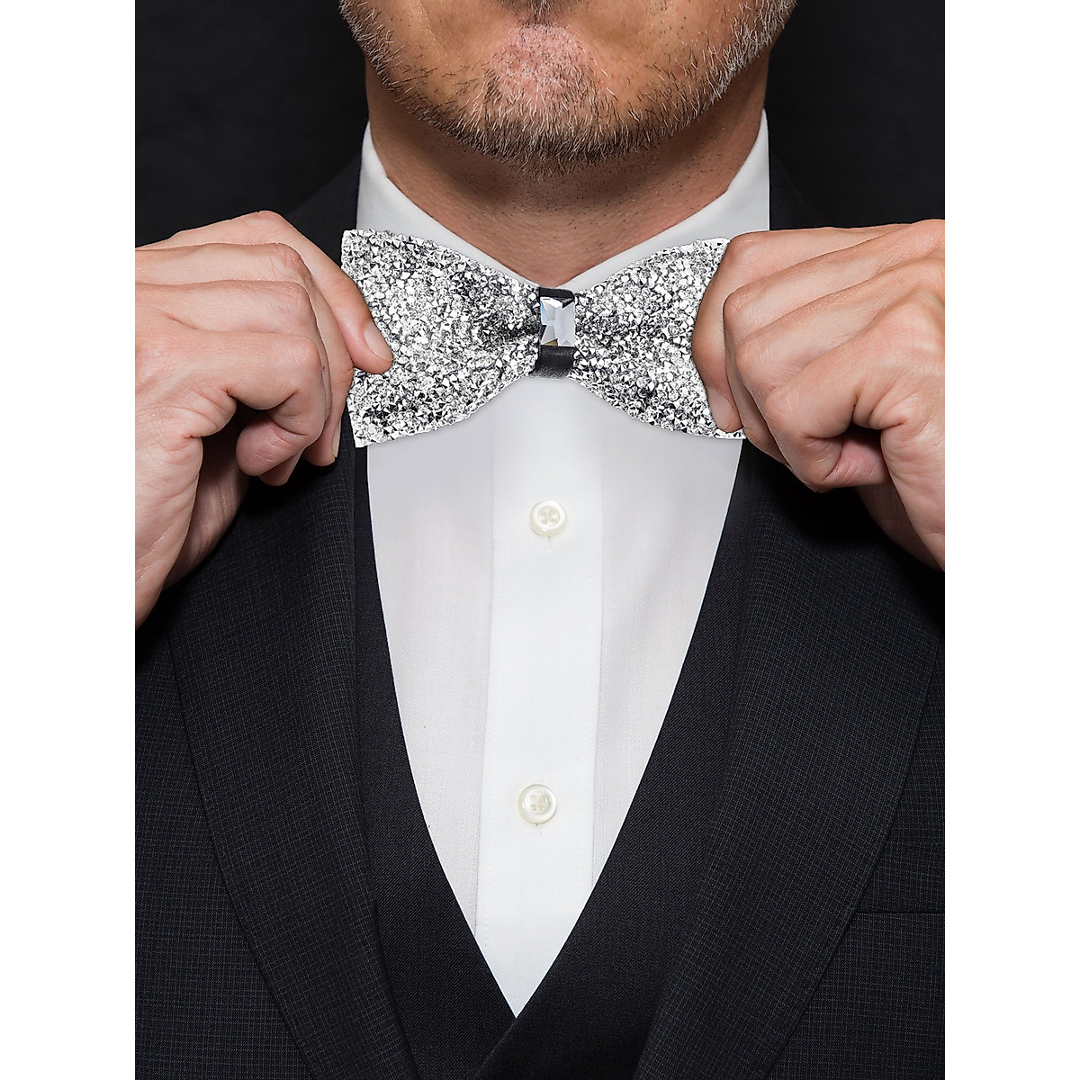 2 Pieces Rhinestone Bow Ties Banquet Bowties Men's Pre-tied Bow Ties for Wedding and Parties (Silver)