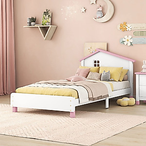 Bellemave Twin Platform Bed with Headboard, House Twin Bed with Support Slats, Wood Kids Twin Size Bed for Boys Girls, No Box Spring Needed, Bedroom Furniture (White+Pink)