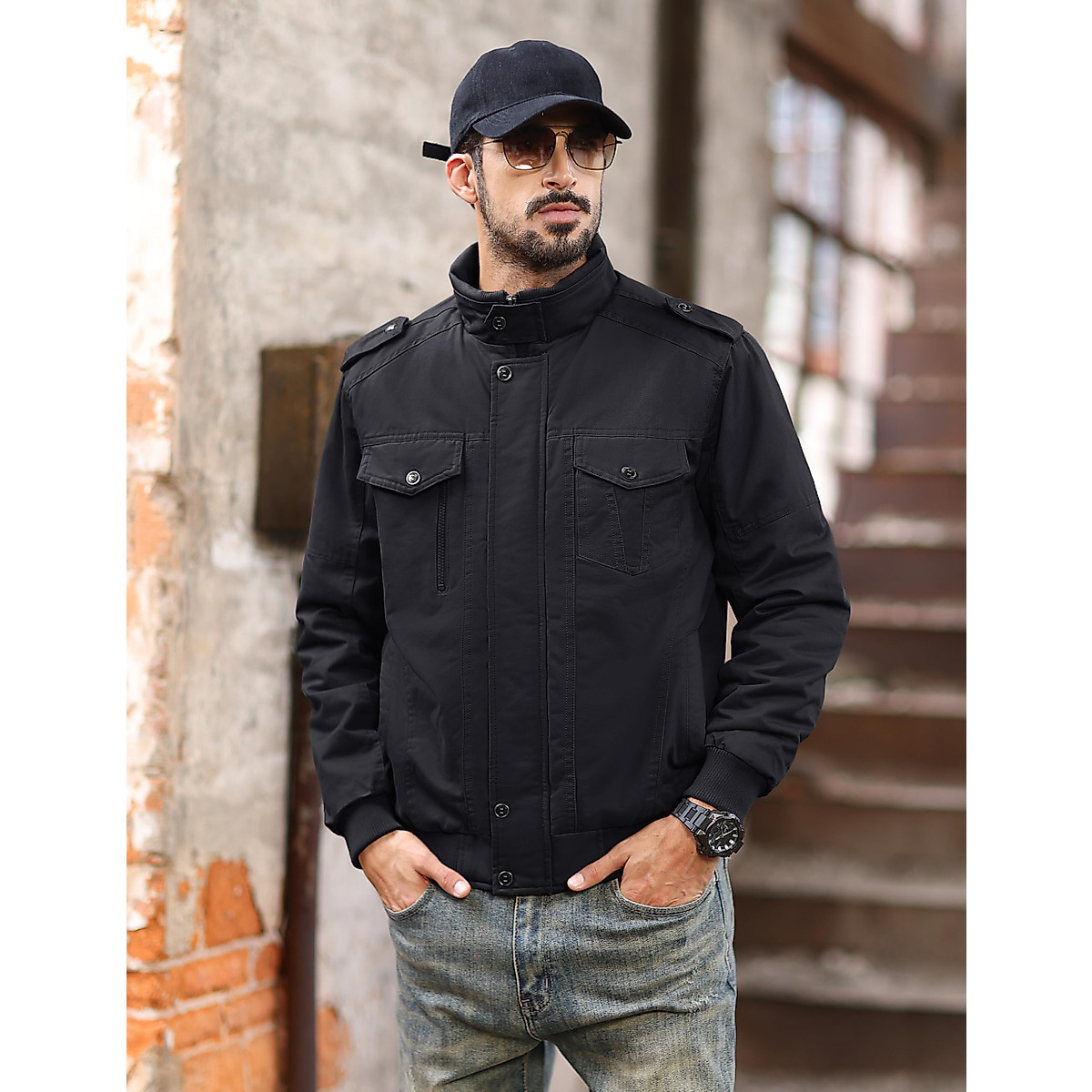 MAGCOMSEN Winter Jackets For Men Casual Warm Work Jacket Cotton Fleece Lined Trucker Jacket Canvas Black Jacket Men Security Coat Black L