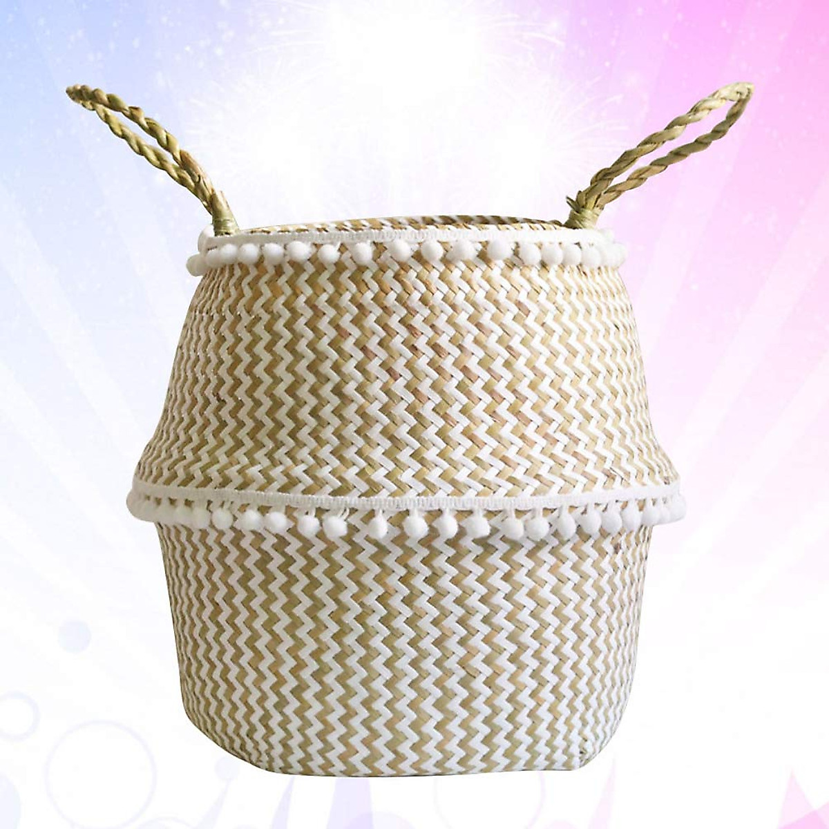 NUOBESTY Natural Round Seagrass Belly Basket with Handles for Storage Nursery Laundry Picnic Plant Pot Cover and Grocery and Toy Storage