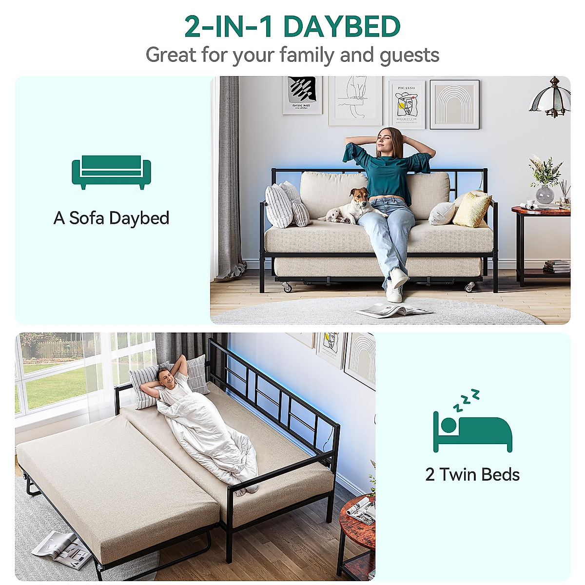 YITAHOME Twin Daybed with RGB LED Lights & Charging Station, Height Adjustable Day Bed Frame with Trundle, Versatile Metal Sofa Bed Frame for Bedroom, Living Room, Guest Room, Black