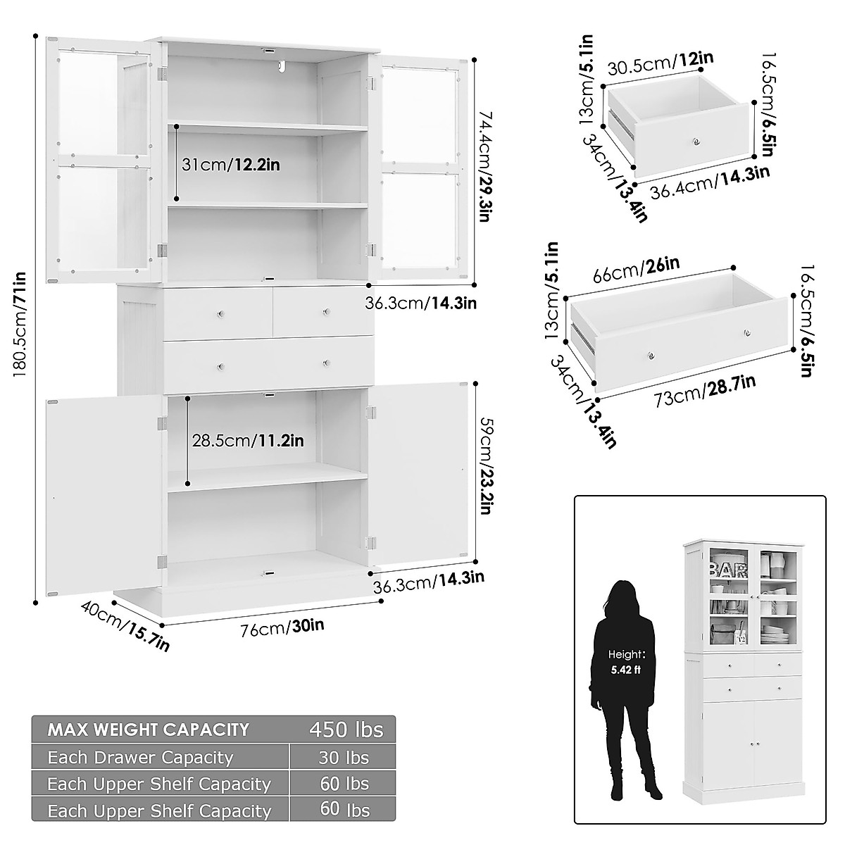 HOSTACK 71" Tall Kitchen Pantry Storage Cabinet, Freestanding Bar Cabinet with Glass Doors and Shelves, Hutch Cabinet with 2 Drawers, Cupboard for Living Room, Dining Room, White