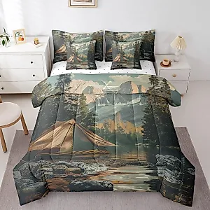 Erosebridal 7 Piece Tent Camping Bedding Set Queen for Kids Adults,Rv Camper Comforter Set with Sheets for Travel Trailer Accessories,Woodland Mountain River Bed in a Bag with Pillowcases & Shams