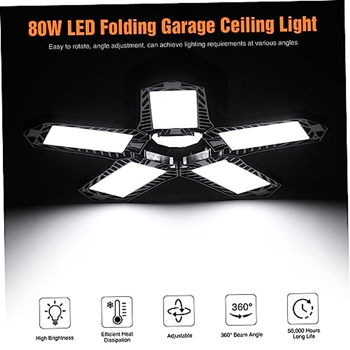 IWOWHERO Five Leaves Garage Light Deformable LED Garage Overhead LED Shop Ceiling Light Flush Mount Ceiling Light LED Flood Light Motion Light Bulbs Plastic Black