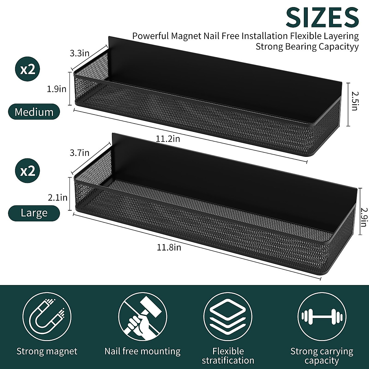 SEYHAKI Magnetic Spice Rack for Refrigerator 4 Packs Super Strong Magnetic Refrigerator Shelf Metal Magnetic Fridge Organizer Rack with Hooks Spice Organizer for Kitchen Storage