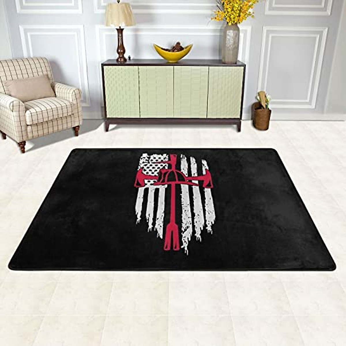 Reflective American Flag Firefighter Thin Red Line Fire Department Area Rug Large Size Family Living Room Bedroom Office Area Carpet 72"x48"