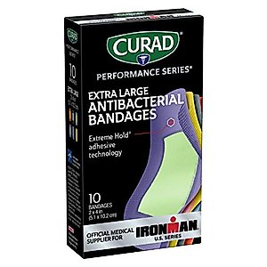 CURAD Performance Series IRONMAN Antibacterial Bandages, Extreme Hold Adhesive Technology, Extra Large Flexible Fabric Bandages for Cuts, Scrapes, & Burns, Assorted Colors, 2 x 4 inches, 10 Count