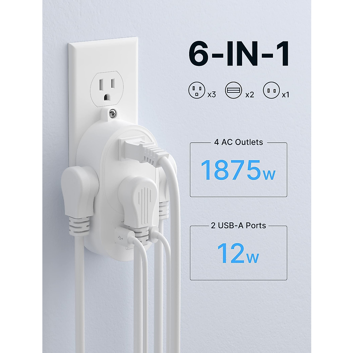 JSAUX Multi Plug Outlet Extender with USB [4AC+2USB-A]+ USB-C Cable 3A Fast Charging [3Pack, 10ft+6.6ft+3.3ft]