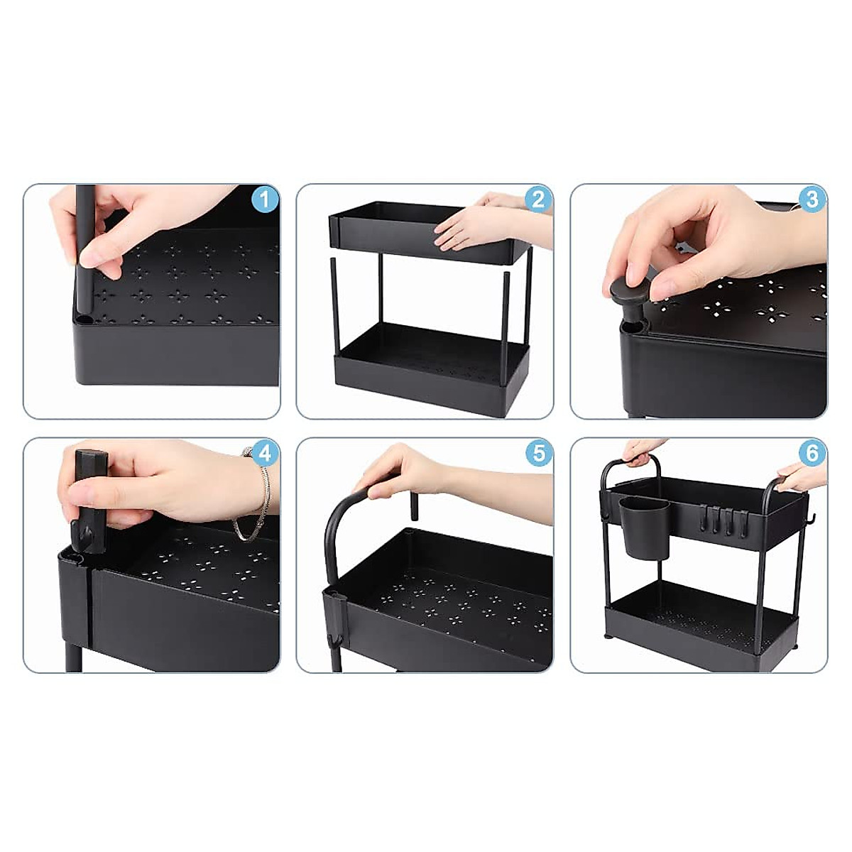 SPACEFIT Under Sink Organizers and Storage, 2 Tier Cabinet Shelf and Bathroom Organizer Rack with Handles, Hanging Cup, Hooks, Countertop Organizer for Kitchen Spices, Cleaning Supplies, Cosmetics