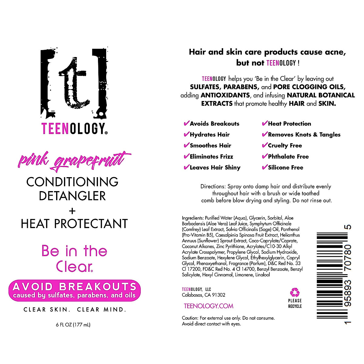 Teenology Leave-In Conditioning Detangler + Heat Protectant for Teens - Helps with Acne and Breakouts - Pink Grapefruit Scent 6 oz.