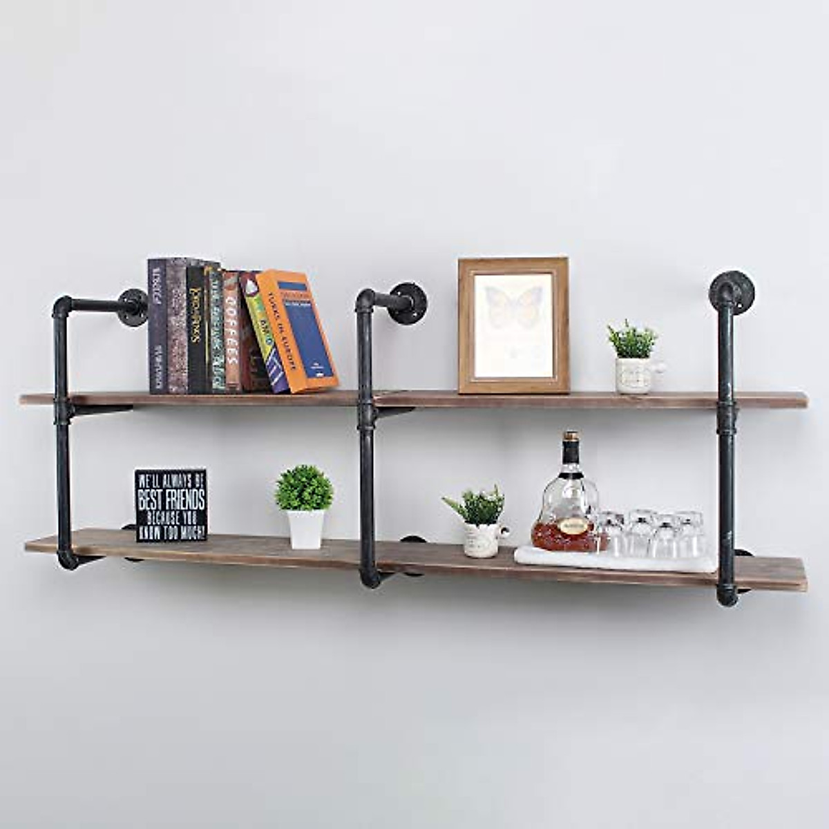 Industrial Pipe Floating Shelves,2 Tiers Wall Mount Bookshelf,63in Rustic Wall Shelves,DIY Storage Shelving Wall Shelf,Rustic Wall Shelving Unit,Wall Book Shelf for Home Organizer,Black Brushed Silver