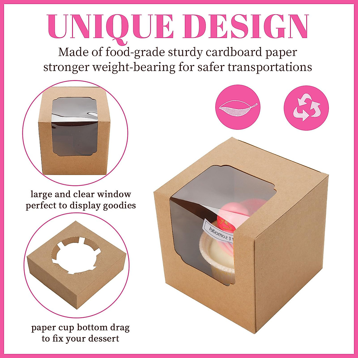 NPLUX 50 Pcs Cupcake Boxes Individual Cupcake Containers Pre-Assembled Single Cupcake Boxes 3.5"x3.5"x3.5" with 50 Pcs Inserts for Cupcakes Muffins Party Favors(Brown)