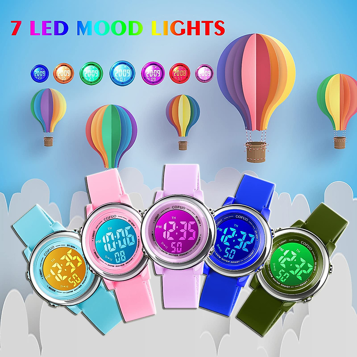 cofuo Kids Digital Sport Waterproof Watch for Girls Boys, Kid Sports Outdoor LED Electrical Watches with Luminous Alarm Stopwatch Child Wristwatch 3-12 Years