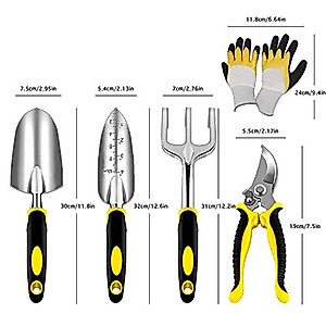 AGAKY Garden Tool Set 5 Piece Aluminum Gardening Tools Kit with Gloves, Pruning Shear, Rake, Shovel & Trowel Heavy Duty Indoor and Outdoor Hand Planting Kit Gardening Gifts for Women & Men, Yellow