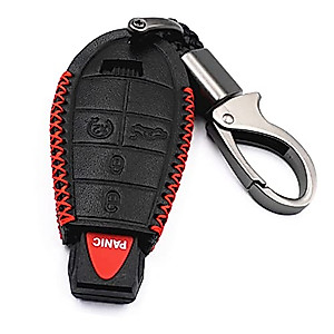 MJKEYAuto Black Leather 5 Buttons Smart Remote Key Fob Cover Chain Case for Chrysler 300 Dodge Challenger Charger Durango Magnum Jeep Grand Cherokee M3N5WY783X IYZ-C01C