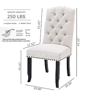 COLAMY Button Tufted Dining Chairs Set of 2, Upholstered Parsons Dining Room Chairs, Fabric Kitchen Side Chair with Nailhead Trim and Wood Legs,Beige