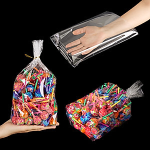PVWSG GAULUPUE 100Pcs 8"x 11" Bottom Gusset Bags, Clear Cello Cellophane Plastic Treat Goodie Bags with Twist Ties for Gift Wrapping, Decorations, and Food Storage