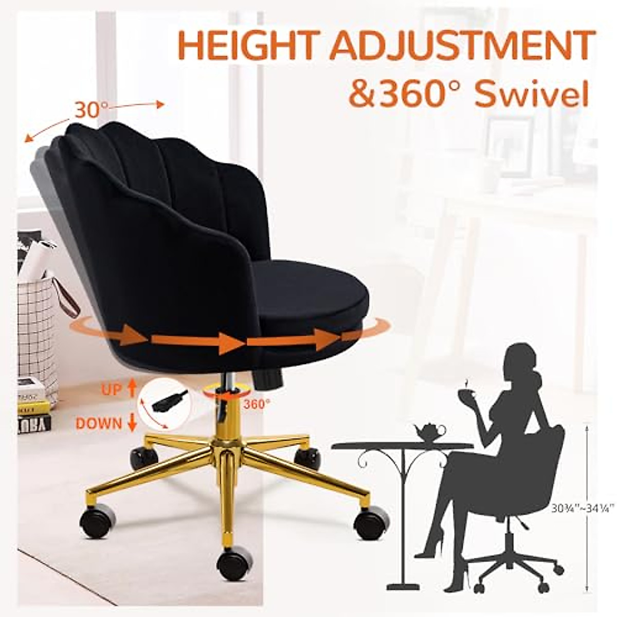 Furniliving Home Office Chair Velvet Desk Chair, Upholstered Modern 360°Swivel Chair with Shell-Shaped Back, Rolling Wheels for Office, Study, Vanity, Bedroom(Black)