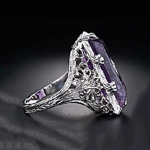 Luxury Fashion Rectangular Natural Amethyst Princess Ring in 925 Silver Openwork Square Perfect Cut Purple Gemstone Cubic Zirconia Ring CZ Eternity Engagement Wedding Ring Women's Sizes 6-10 582 (9)
