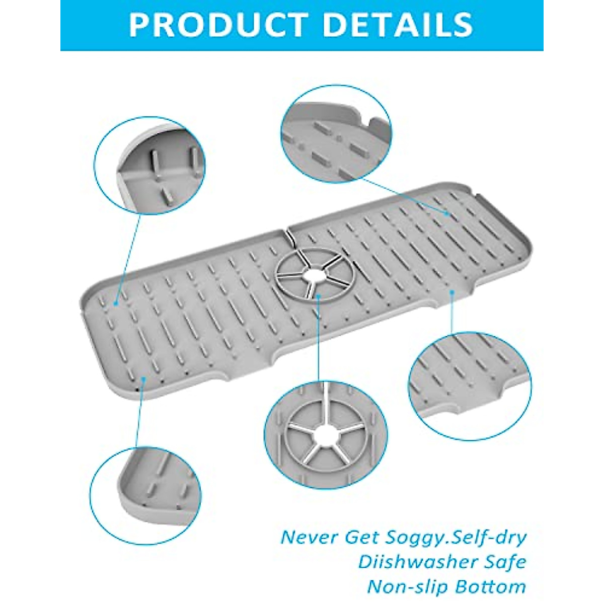 Large Silicone Dish Drying Mat with Faucet Mat - 20" x 16" - Dish Drying Mat, Dish Drainer Mat for Kitchen Counter, Heat Resistant Hot Pot Pad, Non-Slip Sink Mat, BPA Free, Dish Washer Safe(Grey)