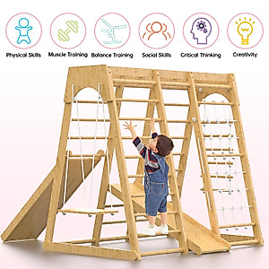 Baby Climbing Toys Indoor, 66inch Indoor Jungle Gym, Toddler Indoor Playground Set 8-in-1 with Armband, Swing, Monkey Bar, Slide, Rock Climb Wall, Wood & Rope Ladder, Rope Wall Ladder for Kids 1-8yrs