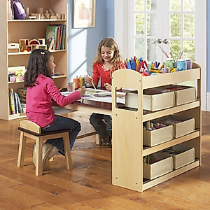 Guidecraft Deluxe Art Center: Drawing and Painting Table for Kids, W/ Two Stools, Craft Supplies Storage Shelves, Canvas Bins, Paper Roll – Preschool Toddler Wooden Learning Furniture