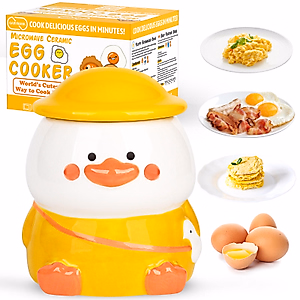 Garybank Cute Ceramic Microwave Egg Cooker, Egg Poacher for Microwave w/Cooking Recipes, Quick Egg Bites, Scrambled & Poached Egg Maker Holds Up to 4 Eggs, Fast Egg Hamburg Omelet Maker Just 60s