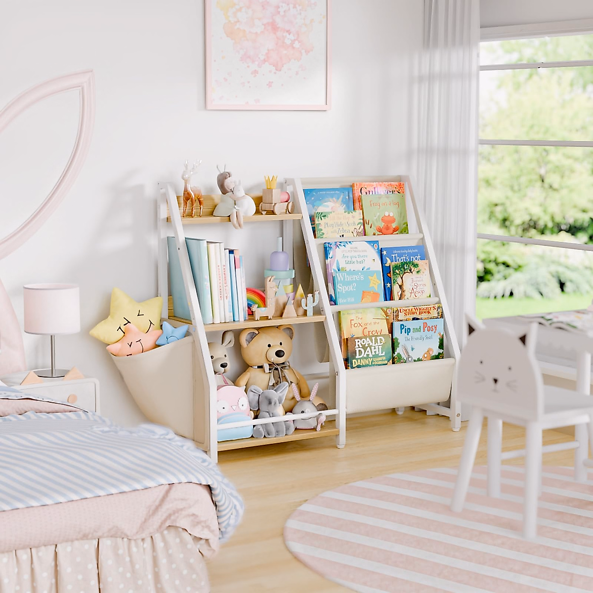 LATIBELL 3 Tier Kids Bookshelf and Toy Storage, Kids Book Sling Shelf, Montessori Baby Toddler Bookshelf for Kids, Kids Bookcase, Toy Storage Organizer, for Playroom, Bedroom, Nursery (Burlywood)