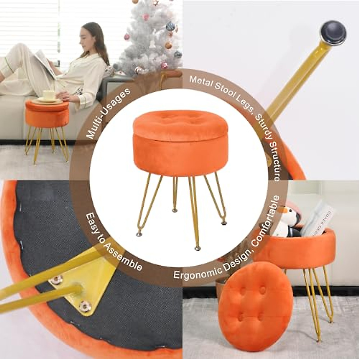 YLCHHOMY Round Vanity Stool with Storage, Velvet Storage Ottoman Footrest Stool Chair Holds up to 300 lb Small Soft Makeup Stool Modern Dressing Stool for Bedroom, Living Room, Bathroom -Orange