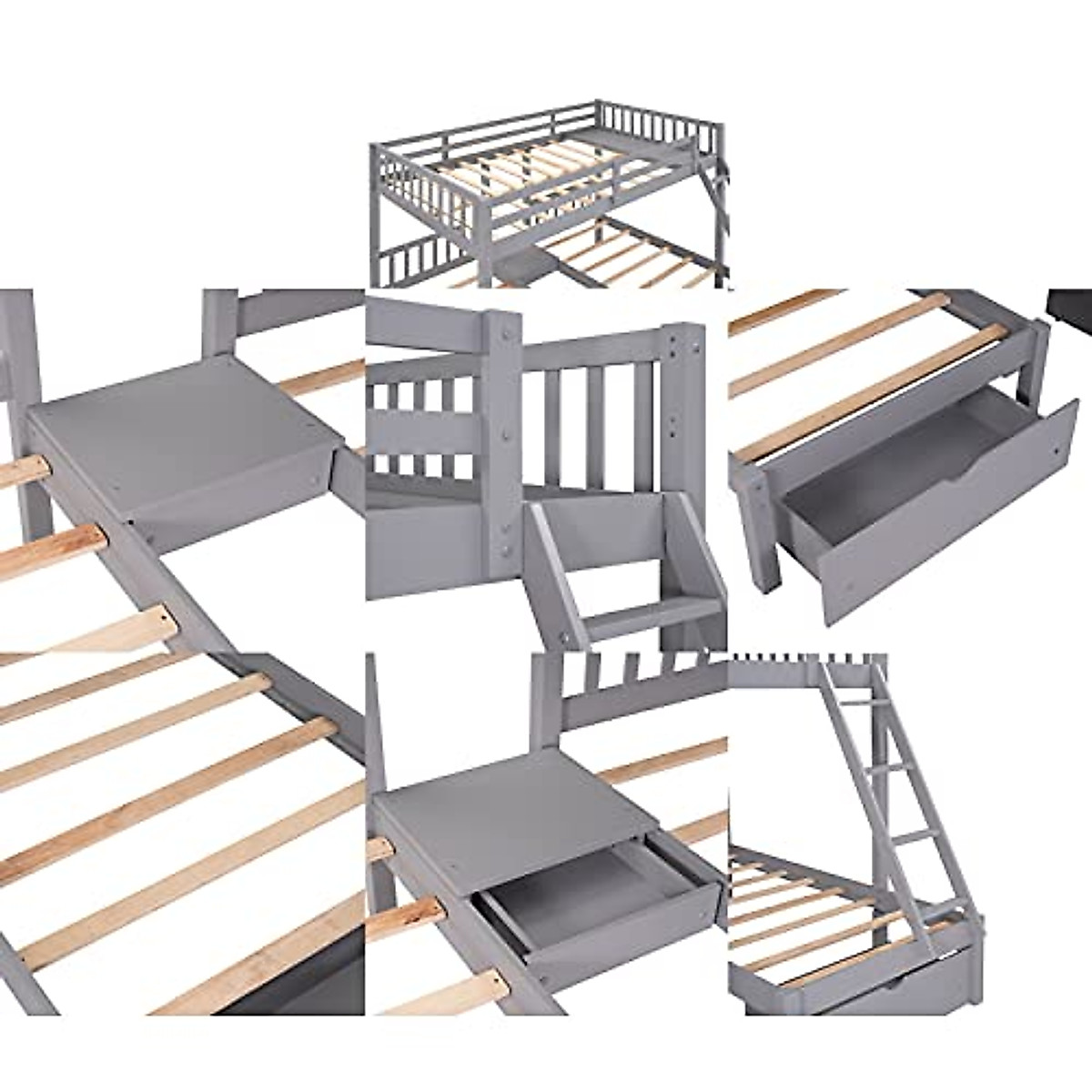 MOOLO 3-1 Full Over Twin, Twin Bunk Bed, Wood Triple Bunk Bed with Drawers and Guardrails for Kids Teens Adults(Color:Gray)