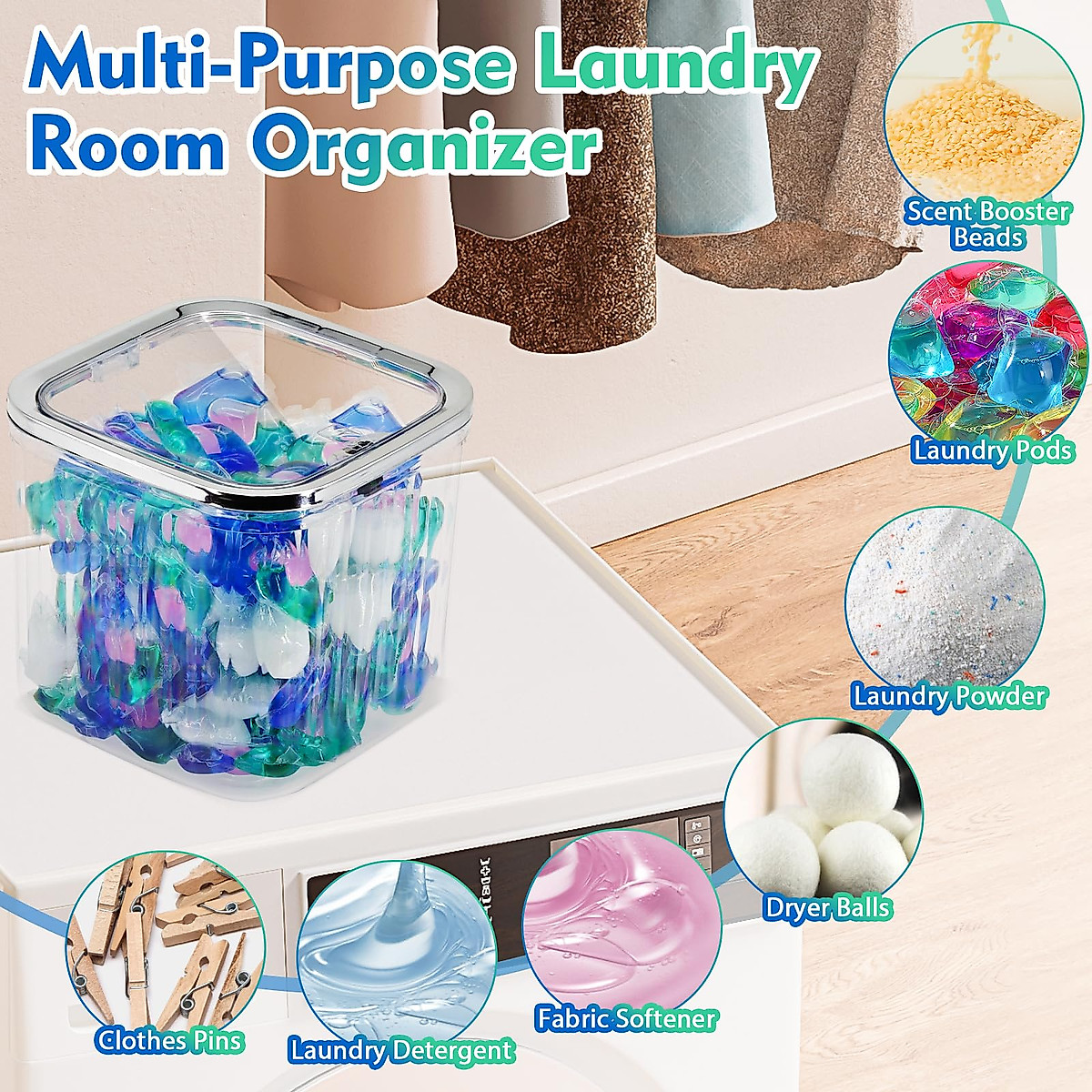 Famaster Laundry Pods Container with Pop-Up Lid, Laundry Pod Holder Holds 120+ Laundry Pods, Easy to See Dishwasher Pod Laundry Containers for Laundry Room Organization Storage Decor