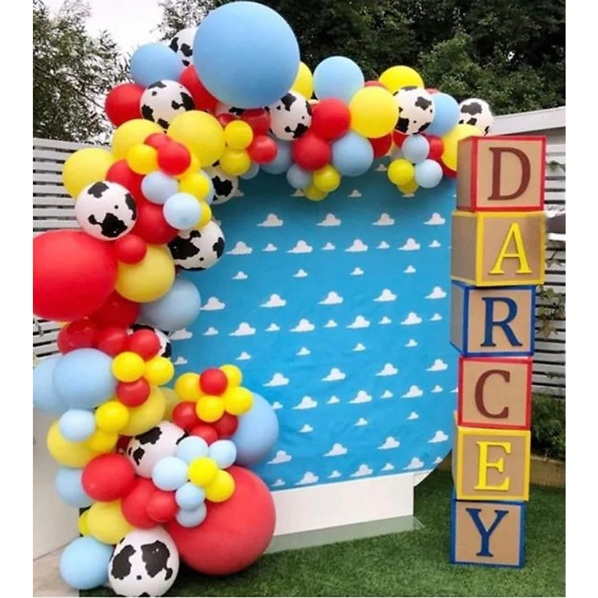 Toy Inspired Story Balloons, 12 Inch Red Blue Yellow Balloons With Cow Print Sky Blue Cloud Balloons For Kids Boys Girls Inspired Story Party Themed Party Decor Decorations