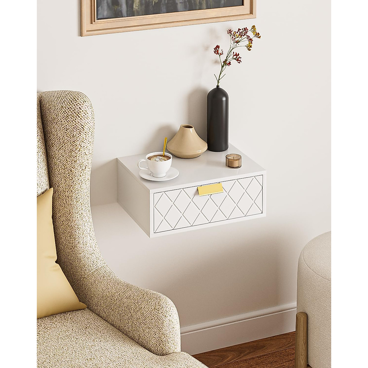 Aobafuir Floating Nightstand Shelf with Drawer, Small Modern Wall Mounted Nightstand, Shelves for Bedroom, White Diamond