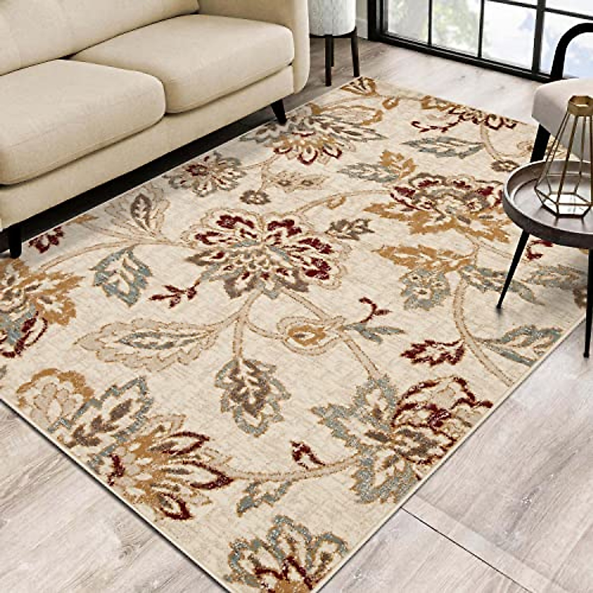 SUPERIOR Indoor Area Rug Perfect for Hallways, Entryway, Office, Living Room, Hardwood, Tile, Jute Backed, Modern Farmhouse Floral Decor, Jacobean Collection, 8' x 10', Stone