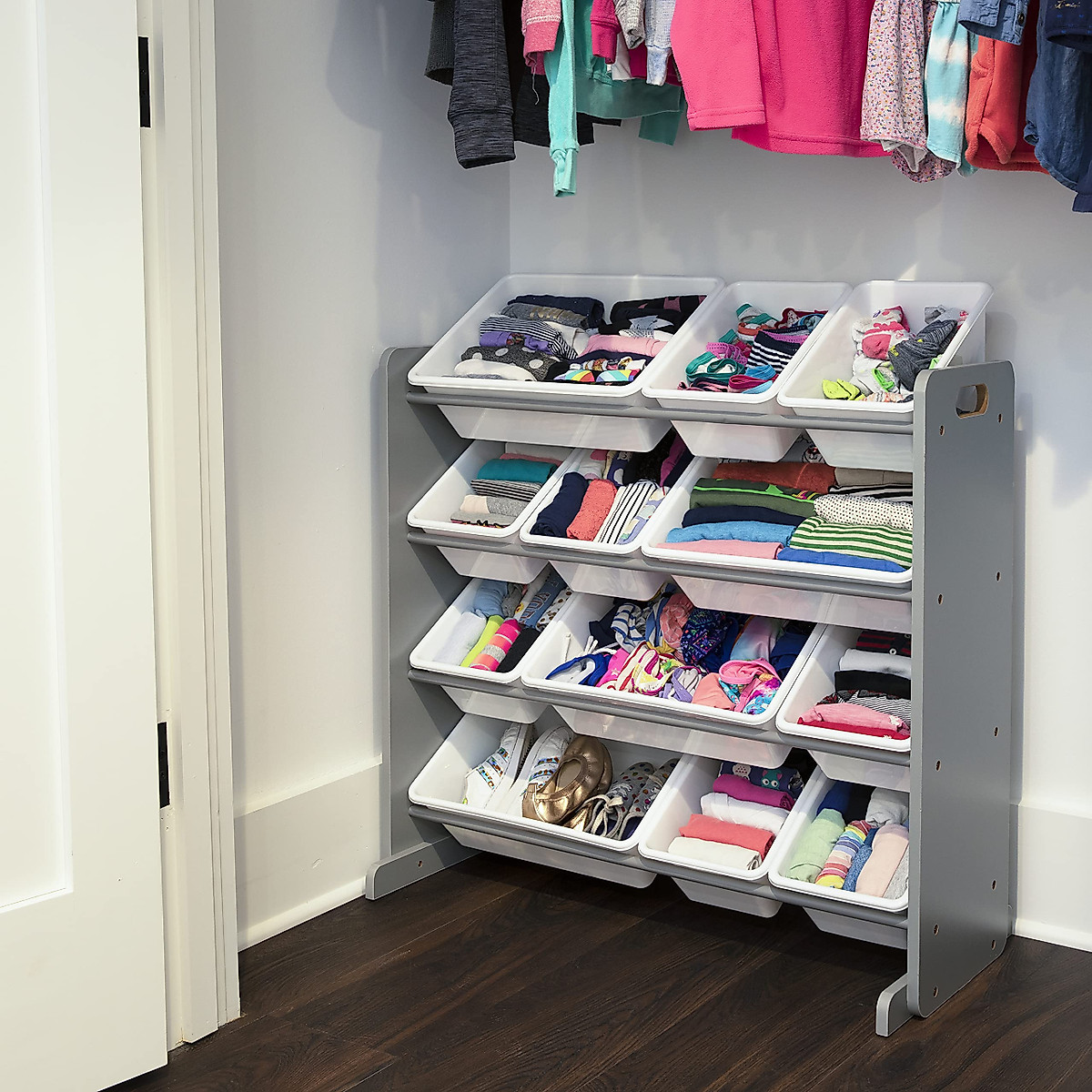 Humble Crew, Grey/White Kids Toy Organizer with 12 Storage Bins, Toddler