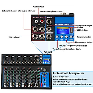 Depusheng HT7 Bluetooth Portable Audio Mixer w/USB DJ Sound Mixing Console MP3 Jack 48V Power for Computer Recording, 7-Channel Bands Mixing Boards For Studio Recording