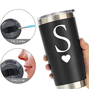 COFOZA Initial Gifts for Woman Men Letter S 20oz Stainless Steel Black Tumbler Cup Monogram Mug Personalized Birthday Graduation Wedding Bridesmaid Groomsman Proposal Engagement Christmas Gift (S)