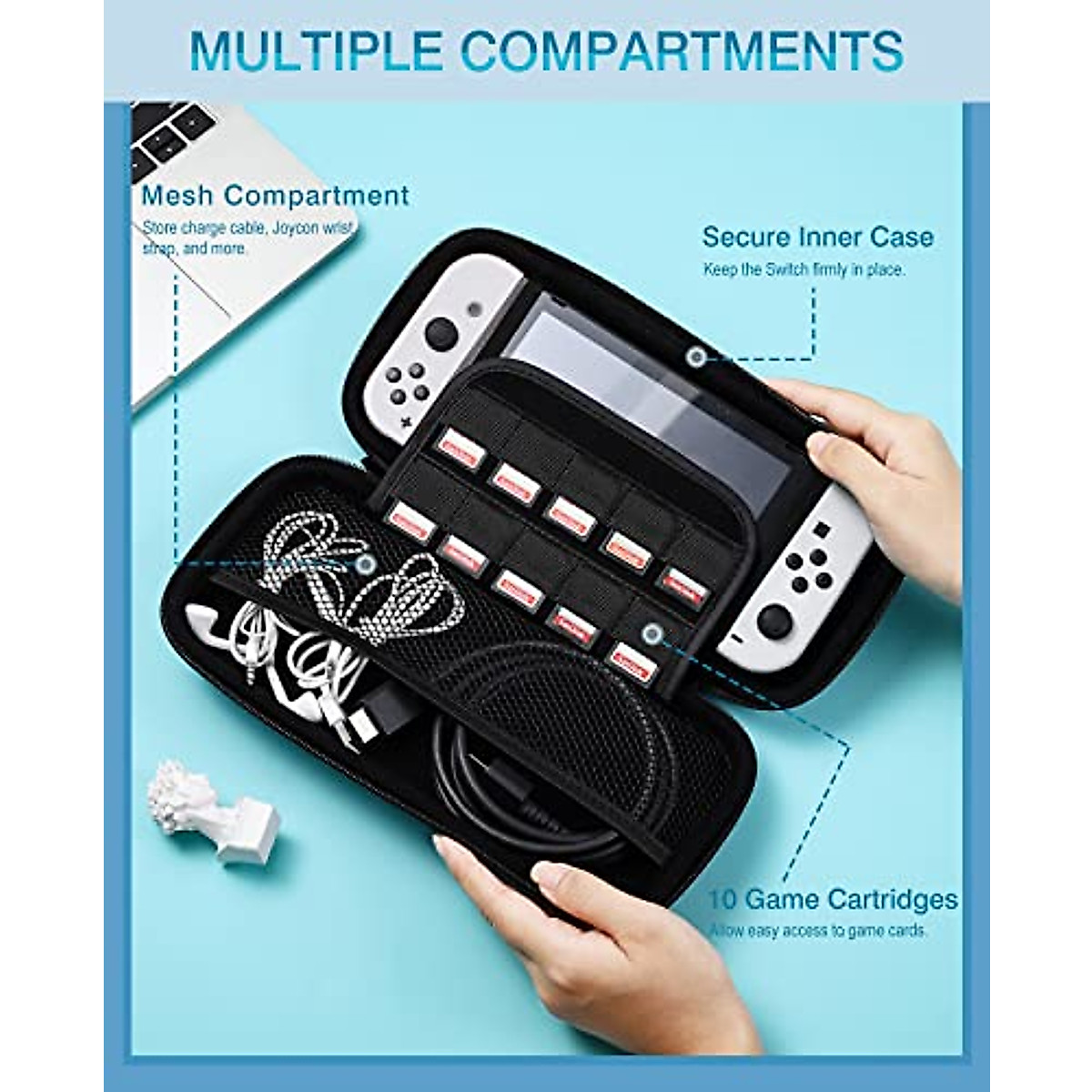TiMOVO Carrying Case Compatible with Nintendo Switch OLED Model 2021 & Switch, Durable Hard Shell Game Storage Handbag Portable Travel Bag PU Pouch with Pocket for 10 Game Cards & Accessories, Gilding