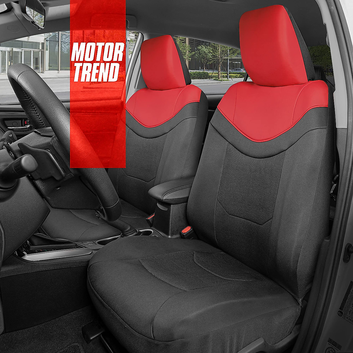 Motor Trend Premium LuxeSport Red Car Seat Covers for Front Seats, 2 Pack – Automotive Seat Protectors with Comfortable Mesh Back & Faux Leather Headrest, Interior Covers for Car Truck Van SUV