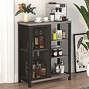 BON AUGURE Farmhouse Coffee Bar Cabinet with Storage, Industrial Liquor Cabinet with Adjustable Shelves, Rustic Small Buffet and Sideboard for Home (French Gray)