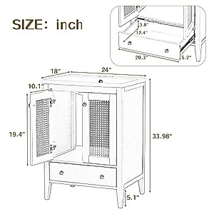 PEIHONGET 24" Bathroom Vanity with Ceramic Basin, Rattan Bathroom Storage Cabinet with Two Doors and Drawer, Freestanding Bath Vanity Cabinet Soft Closing, Solid Wood Frame (Natural)