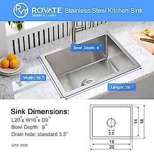 ROVATE 20 inch Kitchen Sink Undermount Singel Bowl, Bar or Kitchen Sink Handmade, 304 Stainless Steel Kitchen Sink with Strainer